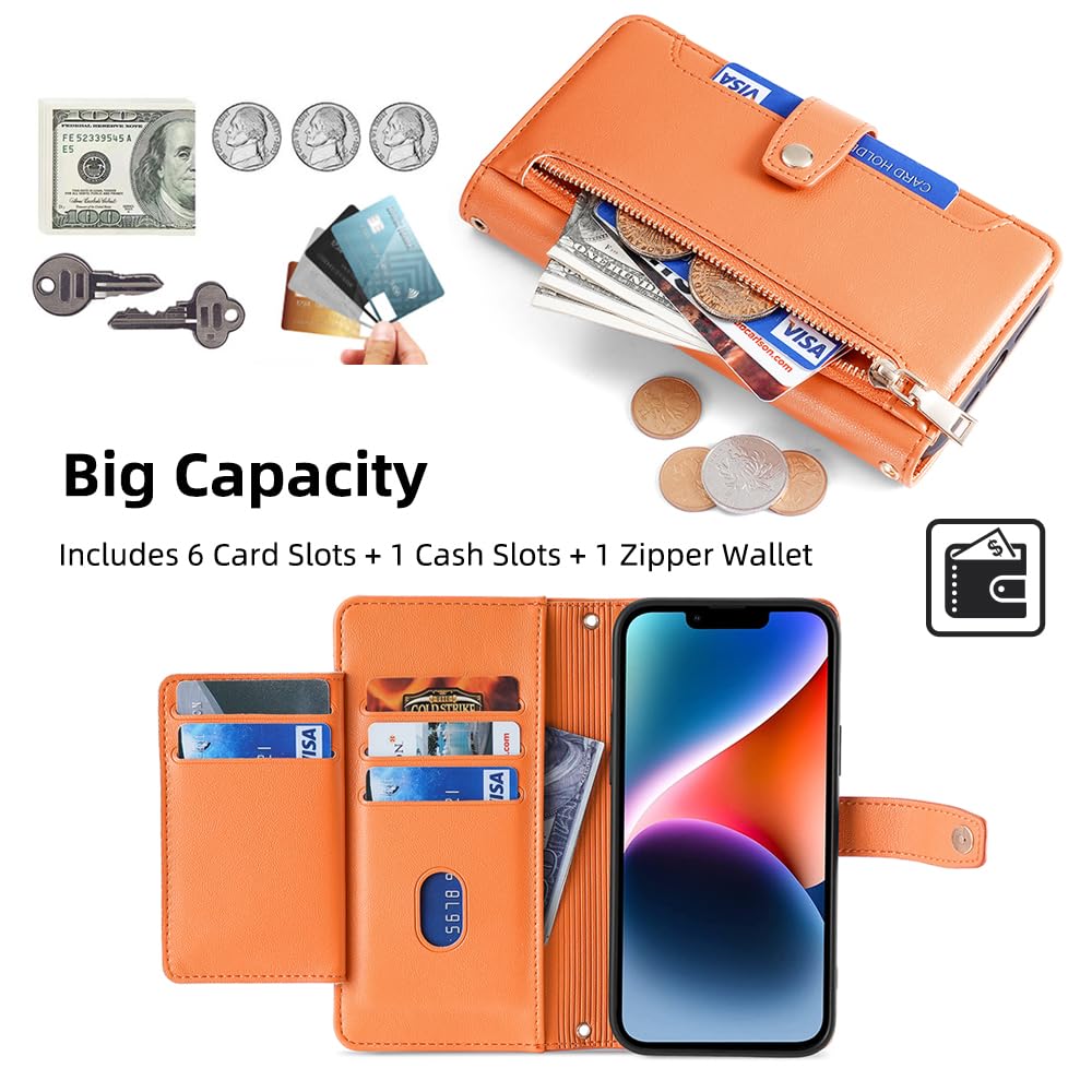 Arseaiy Wallet Case for Honor V20/view 20 Flip Phone Case with Crossbody Strap Magnetic Handbag Zipper Pocket PU Leather Shockproof with Kickstand Phone Shell Orange