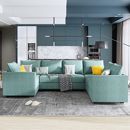 HONBAY Reversible Modular Couch Modern Polyester Sectional Sofa with Chaise & Storage Seat 112'' U-Shaped Couch for Living Room, Aqua Blue