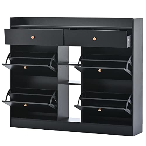 GIYZOKNI Modern Shoe Cabinet with 4 Flip Drawers, Multifunctional 2-Tier Shoe Storage Organizer with Drawers, Free Standing Shoe Rack for Entrance Hallway (Black)