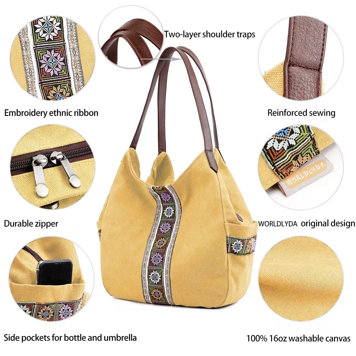 Worldlyda Women Canvas Hobo Purse Multi Pocket Tote Shopper Shoulder Bag Casual Top Handle handbag with Embroidery Ethnic Yellow