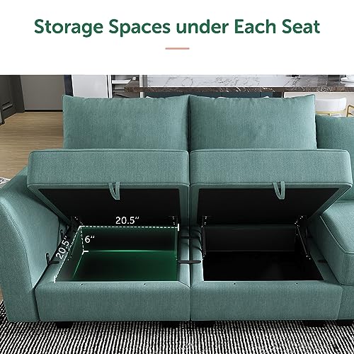 HONBAY Reversible Modular Couch Modern Polyester Sectional Sofa with Chaise & Storage Seat 112'' U-Shaped Couch for Living Room, Aqua Blue