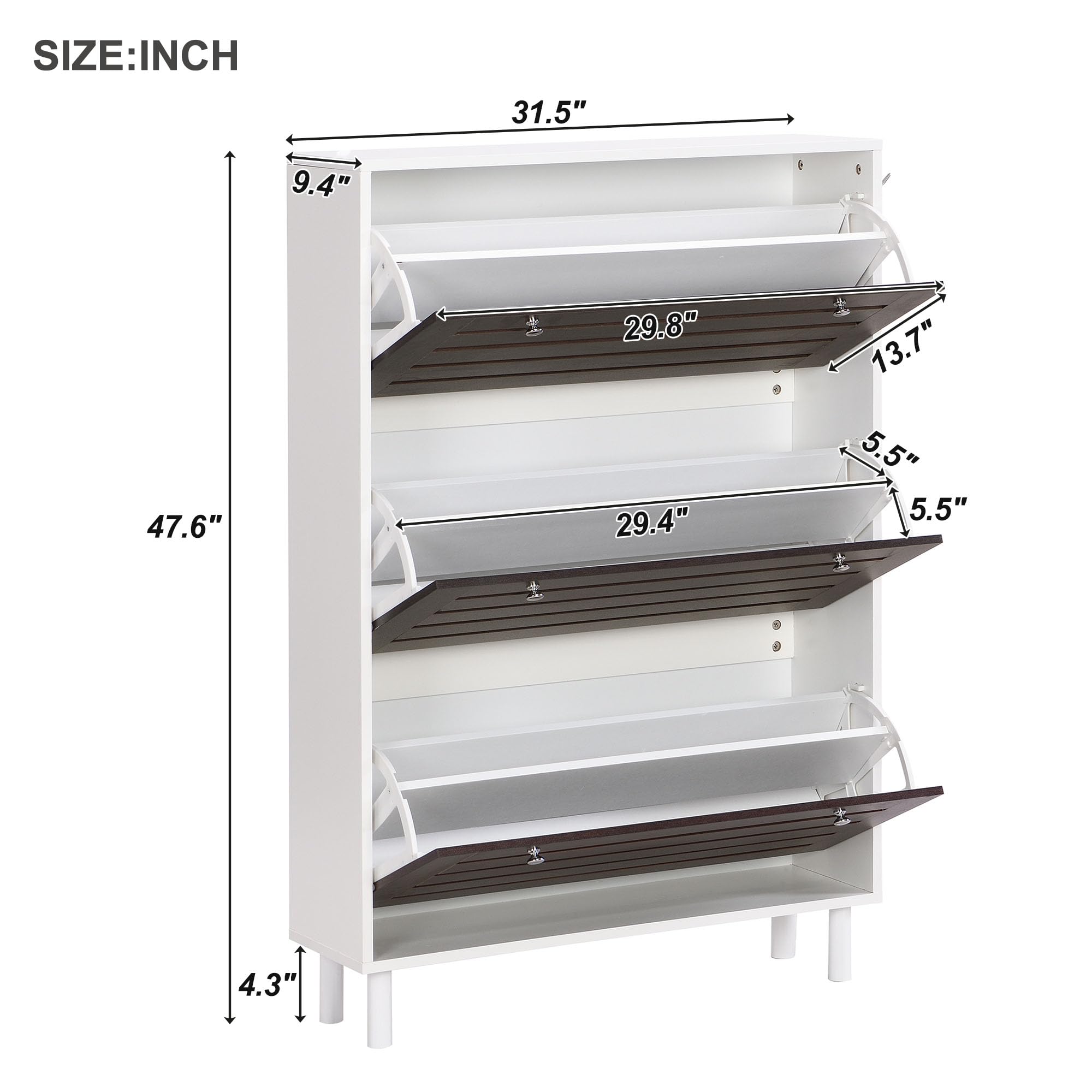 Cozybedin Minimalist Slim Shoe Cabinet with Hanging Hooks, Slits Design Panels Entryway Organizer with 3 Flip Drawers, Free Standing Shoe Rack with Adjustable Panel for Hallway, White