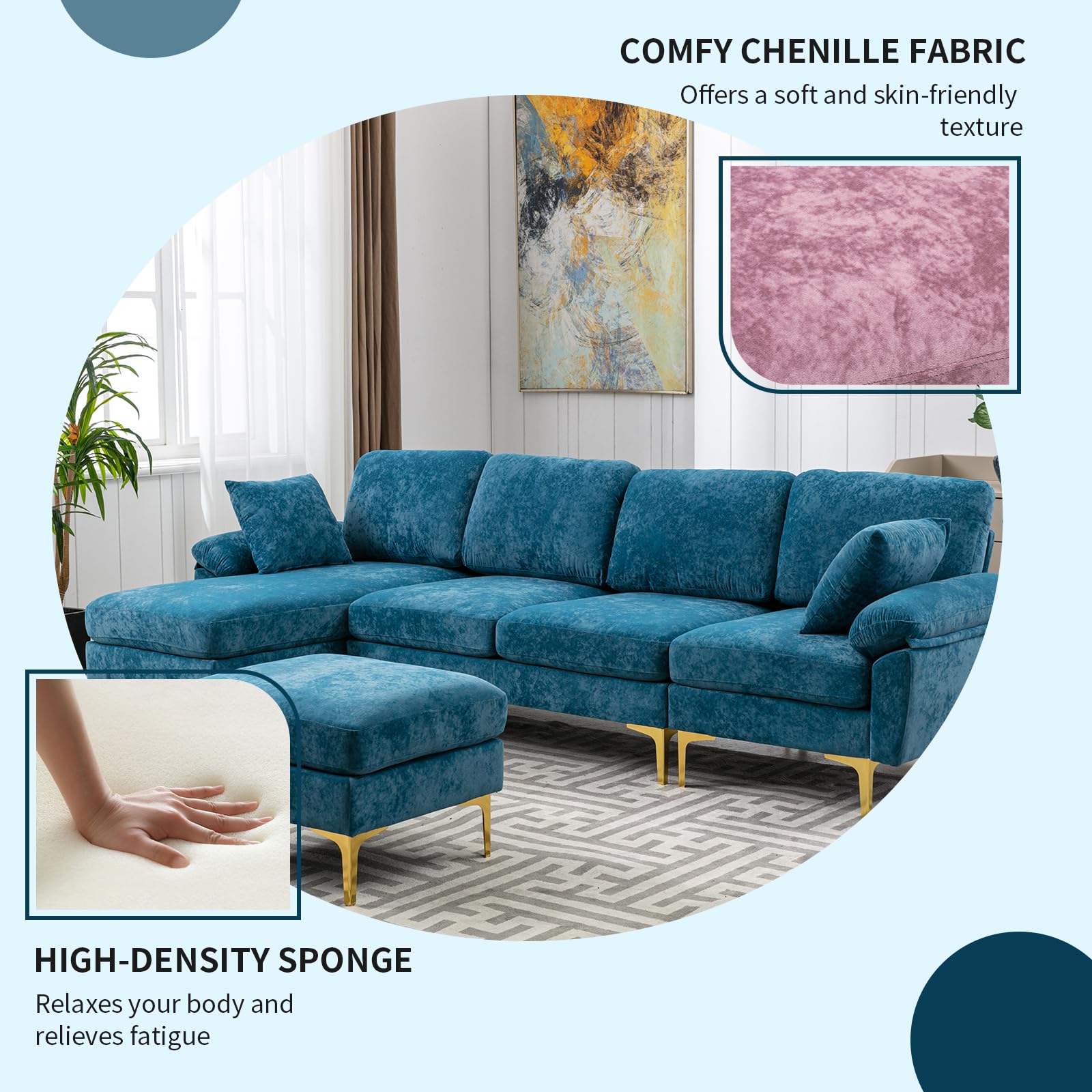 Sudwesto Modular Sectional Sofa, U Shape Chenille Upholstered Sofa Couch with Ottoman, 4 Seat Reversible Couch with Chaise Lounges, Convertible Sofa Set for Living Room (Teal Blue)