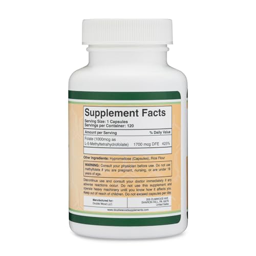 Methylfolate 1,000mcg, 120 Capsules (Third Party Tested Methyl Folate Supplement) Methylated Folate is a More Active Form of Folate Than Folic Acid (Non-GMO, Vegan Safe) by Double Wood