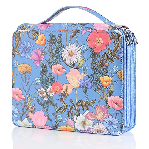 Shulaner 120 Slots Colored Pencil Case Organizer with Zipper Large Capacity Pen Holder Bag for Student or Artist Blue Flower