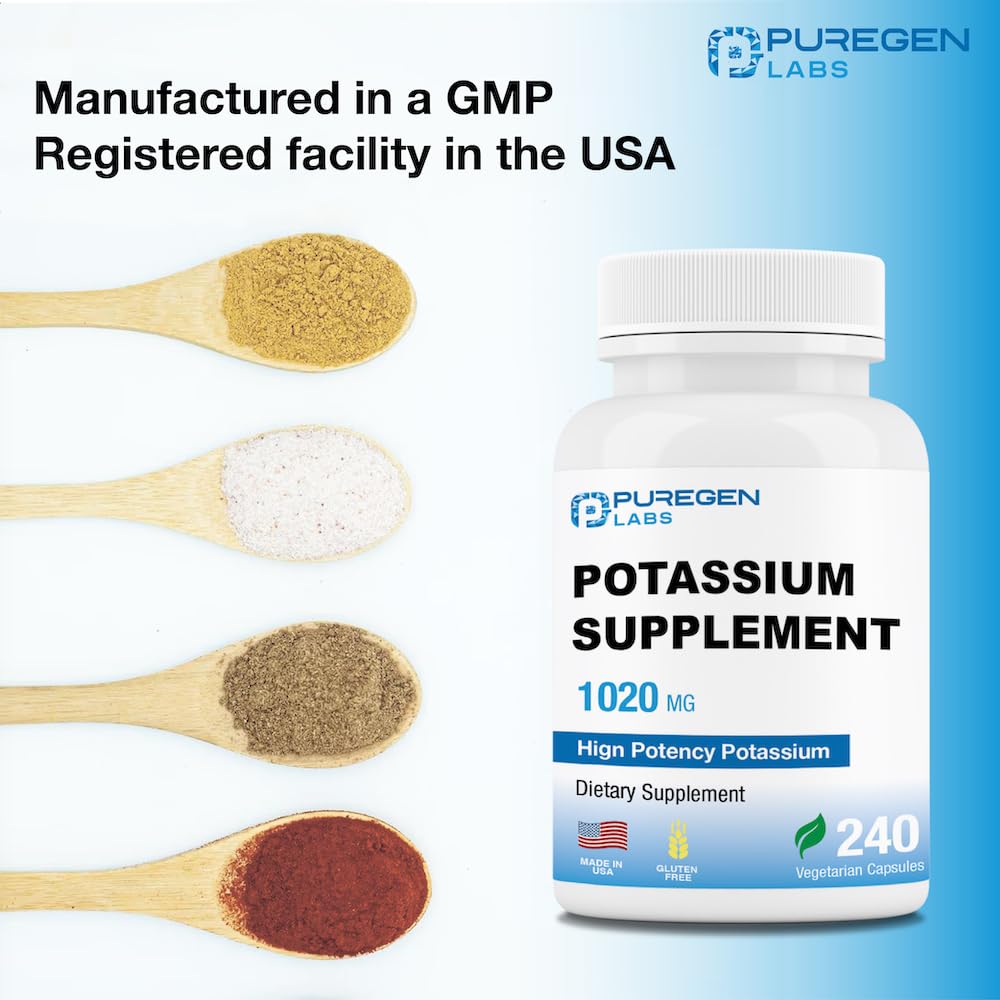 Puregen Labs Potassium Bicarbonate Supplement 1020 mg | Non-GMO | Gluten Free | Made in USA | 240 Vegetarian Capsules
