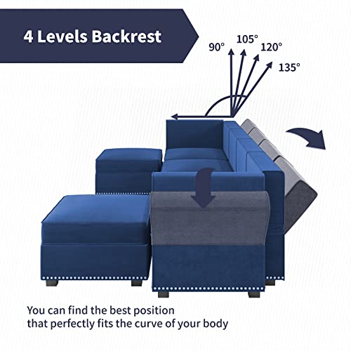 ZAFLY Sectional Sofa, 4 Seat Modular Comfy Couch with 4 Storage Ottomans, Convertible L Shaped U Shaped Couch Queen Sleeper Sofa with Adjustable Backrest Couches for Living Room(Blue)