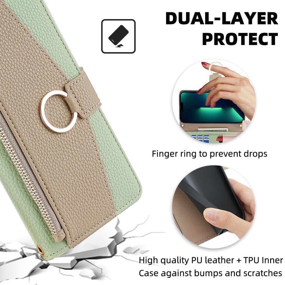 Arseaiy Wallet Case for VIVO V20 SE/Y70 2020 Flip Phone Case Cover with Crossbody Strap Magnetic Zipper Pocket Makeup Mirror PU Leather Shockproof with Kickstand Shell Green