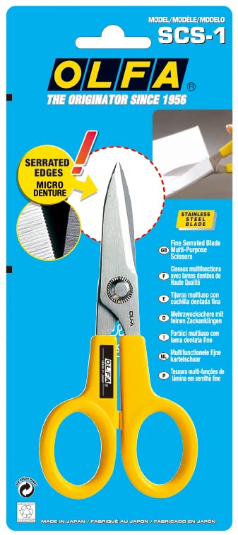 OLFA 5" Serrated Edge Stainless Steel Scissors (SCS-1) - 5 Inch Multi-Purpose Heavy Duty Scissors w/ Sharp Blades & Comfort Grip for Home, Office, Fabric, Sewing, Kitchen, Industrial Materials