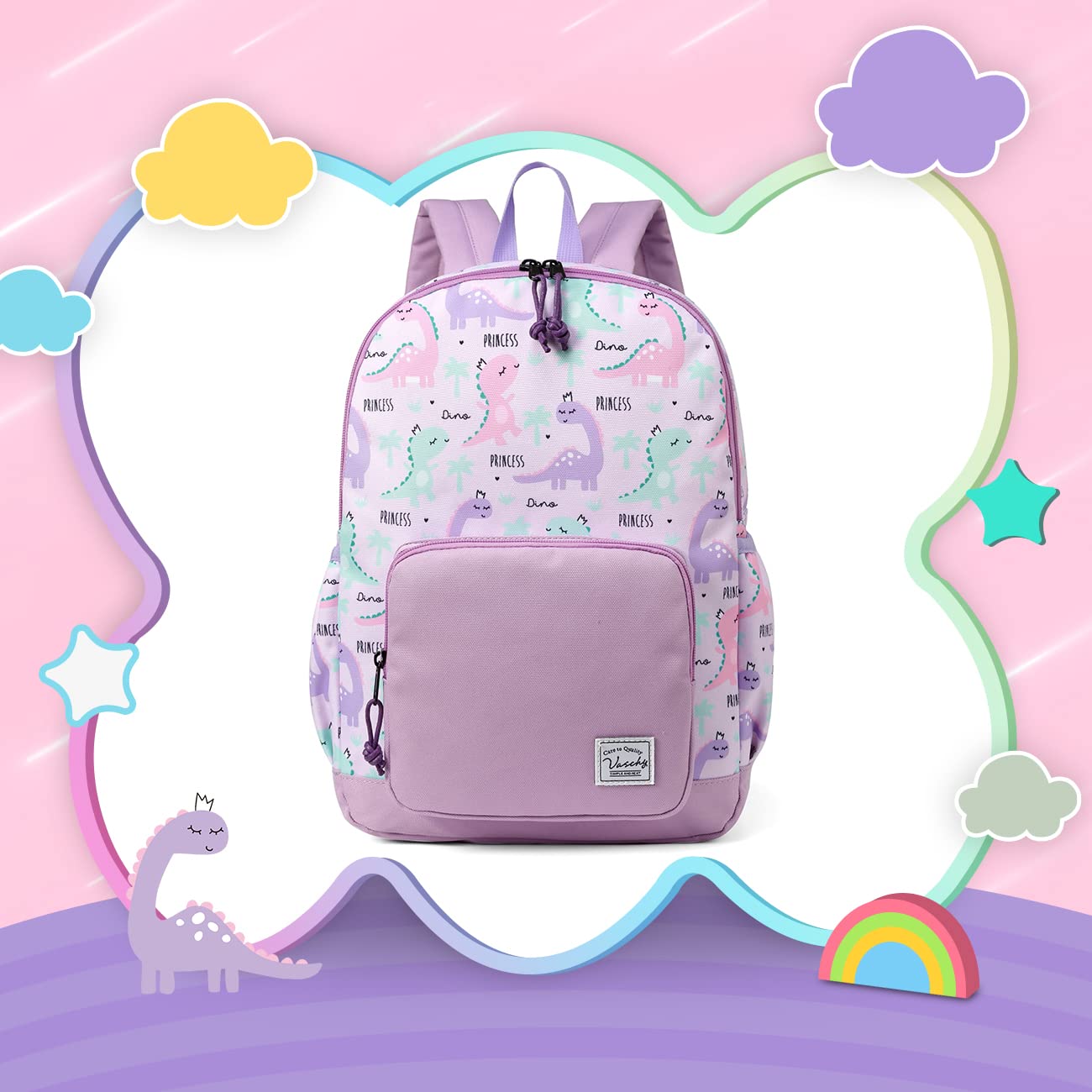 VASCHY Kids backpacks Girls, Cute Lightweight Water Resistant Toddler Kindergarten Preschool Backpack Purple Dinosaurs Purple Dinosaurs