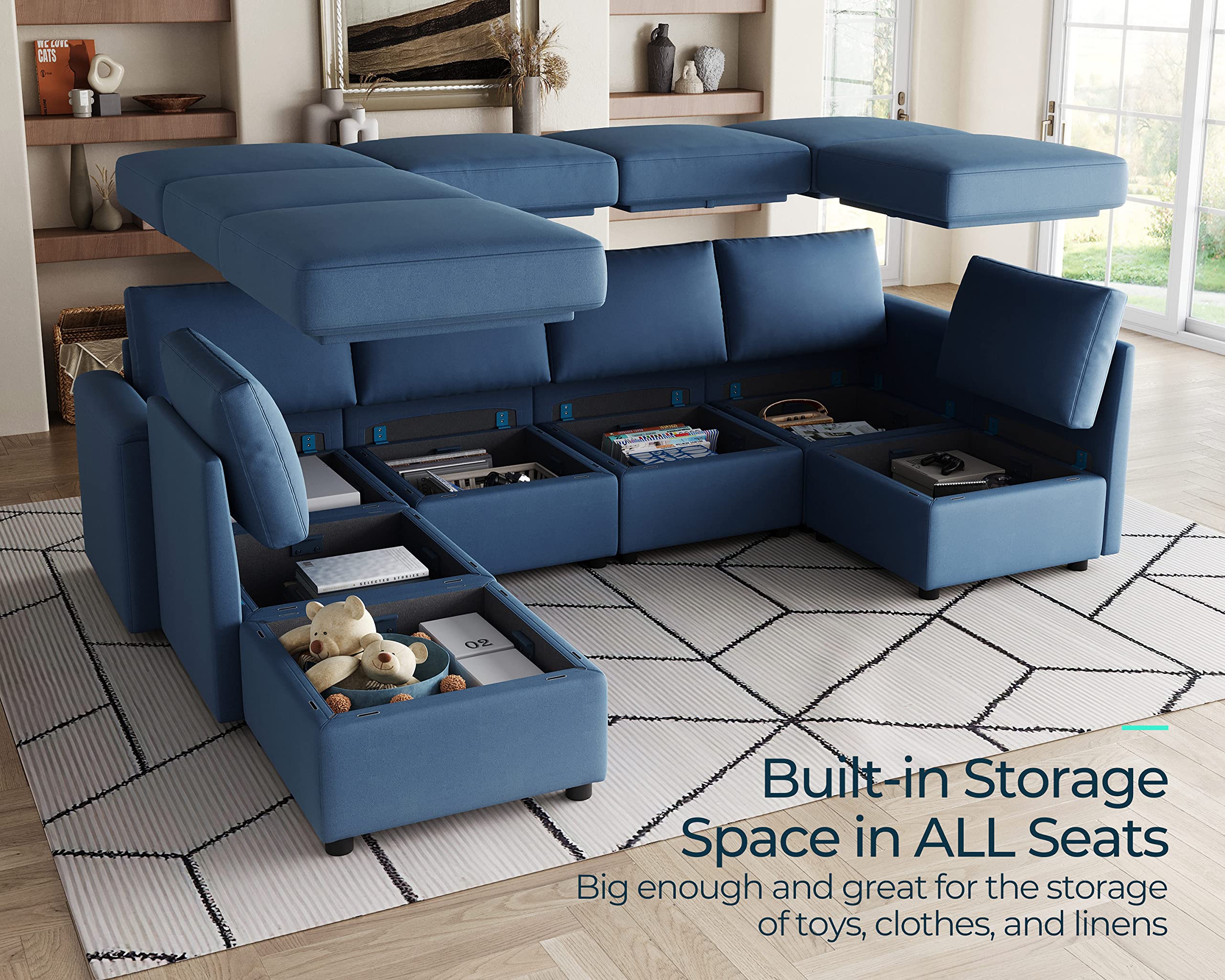 LINSY HOME Modular Sectional Sofa, U Shape Oversized Sofa Couch with Storage, Memory Foam, Modular Sectionals with Ottomans, 7 Seat Living Room Furniture Sofa Sets with Chaise, Blue
