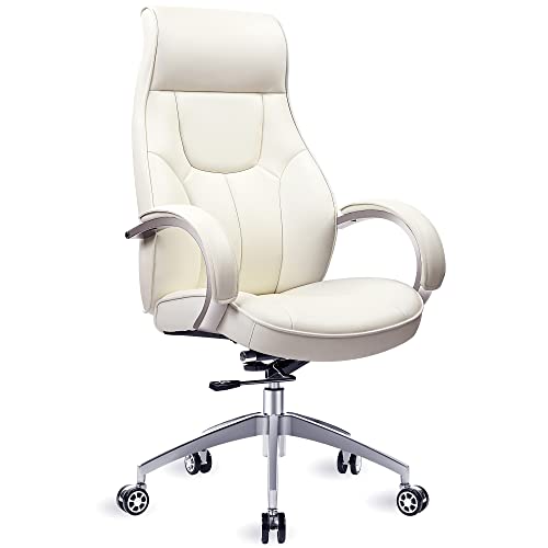 HUAUR High-Back Ergonomic Executive Chair-PU Leather Desk Chair,with Breathable Cushion and Lumbar Support,Wide Armrest and Aluminum Alloy Foot,360lb Capacity Swivel Home Office Chair (Beige)