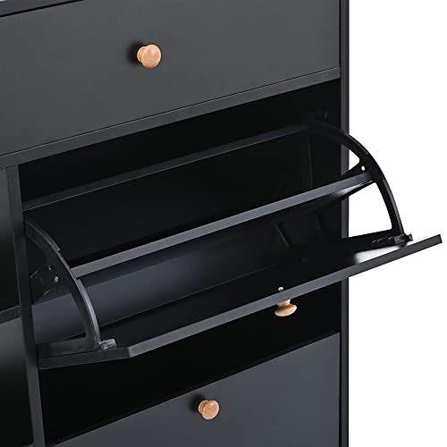 GIYZOKNI Modern Shoe Cabinet with 4 Flip Drawers, Multifunctional 2-Tier Shoe Storage Organizer with Drawers, Free Standing Shoe Rack for Entrance Hallway (Black)