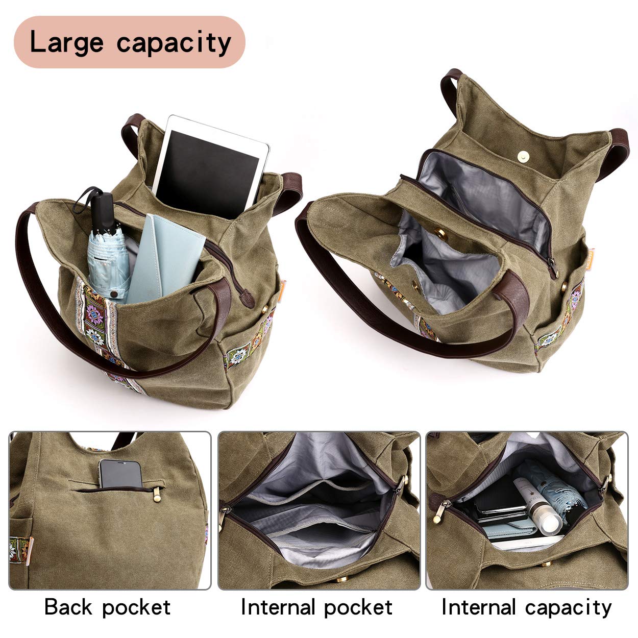 Worldlyda Women Canvas Hobo Purse Multi Pocket Tote Shopper Shoulder Bag Casual Top Handle handbag with Embroidery Ethnic Yellow