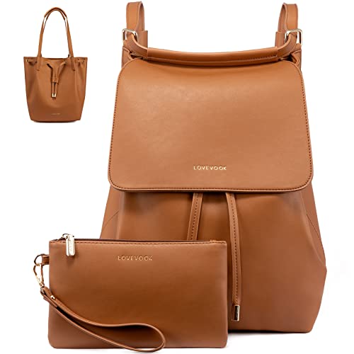 LOVEVOOK Backpack Purses for Women, Tote Bag Convertible PU Leather Backpacks, Fashion Handbag Satchel Bags Casual Back Pack 14 Inch Laptop Backpacks 2PCS, Brown
