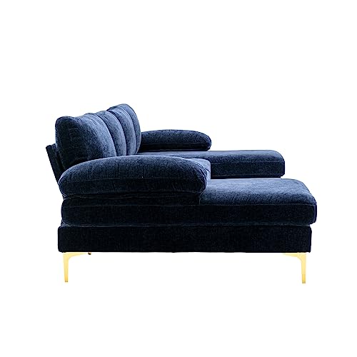 U-Shaped Sectional Sofa Comfy Couch for Living Room Set, 110 inches Wide Modern Large 4-Seat Couch Convertible Soft Velvet Couch Set with Double Chaise Lounge (Navy Blue, Chenille Fabric)