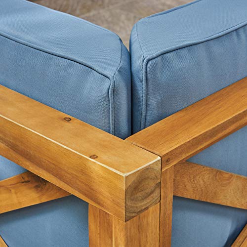 Great Deal Furniture GDFStudio Outdoor Acacia Wood 10 Seater U-Shaped Sectional Sofa Set with Fire Pit, Teak, Blue and, Light Gray