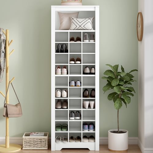 JCSTEU Stylish Design 30 Shoe Cubby Console Versatile, Contemporary Shoe Cabinet with Storage, Free Standing Tall Cabinet for Hallway, Bedroom (White)