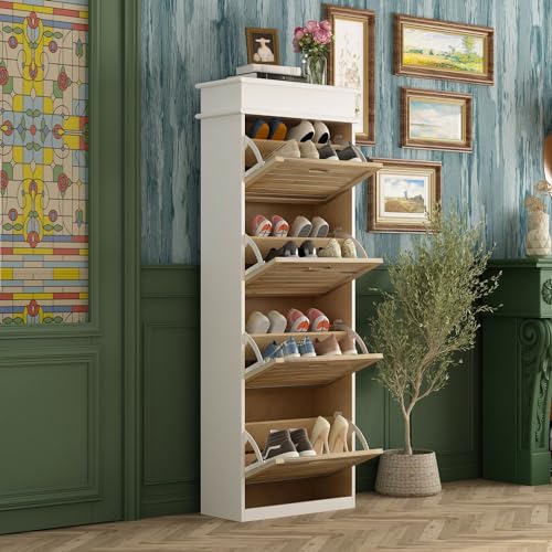 FAMAPY Tall Shoe Storage Cabinet with 4 Flip Drawers, Narrow Shoe Cabinet for Entryway, Shoe Storage for Hallway Light Brown and White (21.7”W x 9.8”D x 61”H)