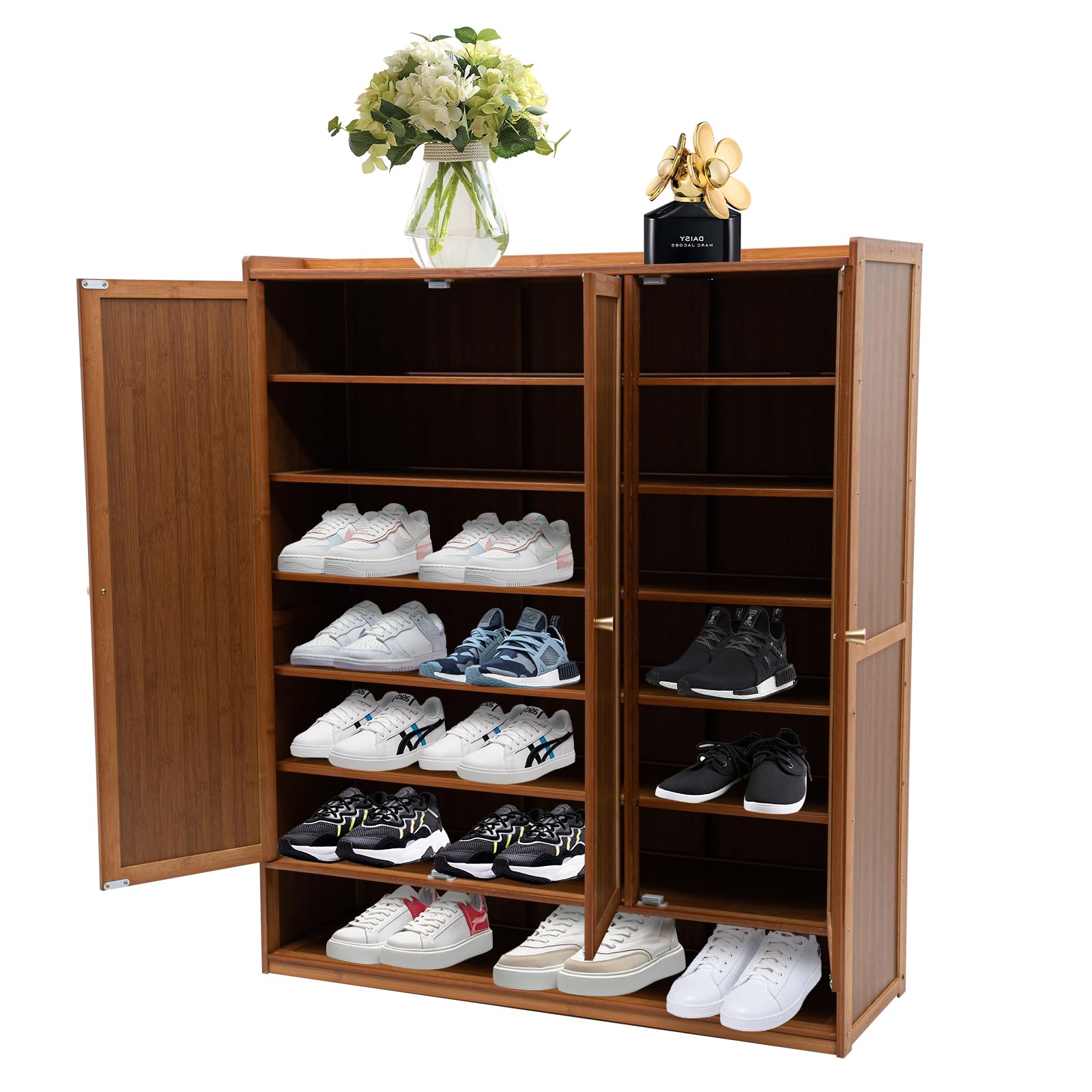 MARTEXBUY Shoe Cabinet with Doors for Entryway, 8-Tier Bamboo Storage Cabinet, Shoe Floor Storage Organizer Rack, Freestanding Shoes Organizer for Living Room Bedroom