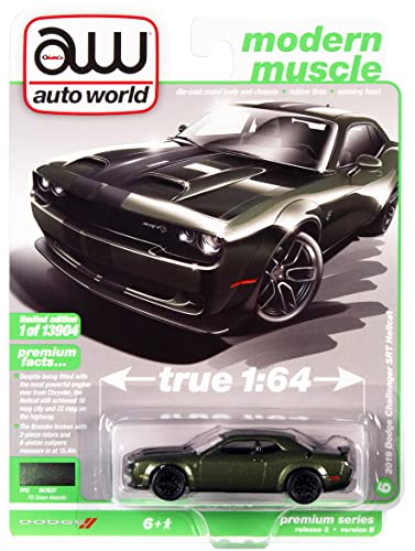 2019 Challenger SRT Hellcat F8 Green Met. w/Twin Black Stripes Limited Edition to 13904 pcs Worldwide 1/64 Diecast Model by Autoworld 64322-AWSP076 B