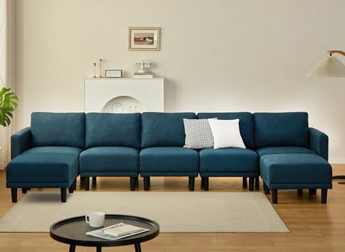 Cpintltr U Shaped Sectional Sofa Modern Convertible Modular Couch with Reversible Chaise Upholstered Linen 5-Seat Sofa Furniture Set with Ottomans for Living Room (Navy Blue,5+2)