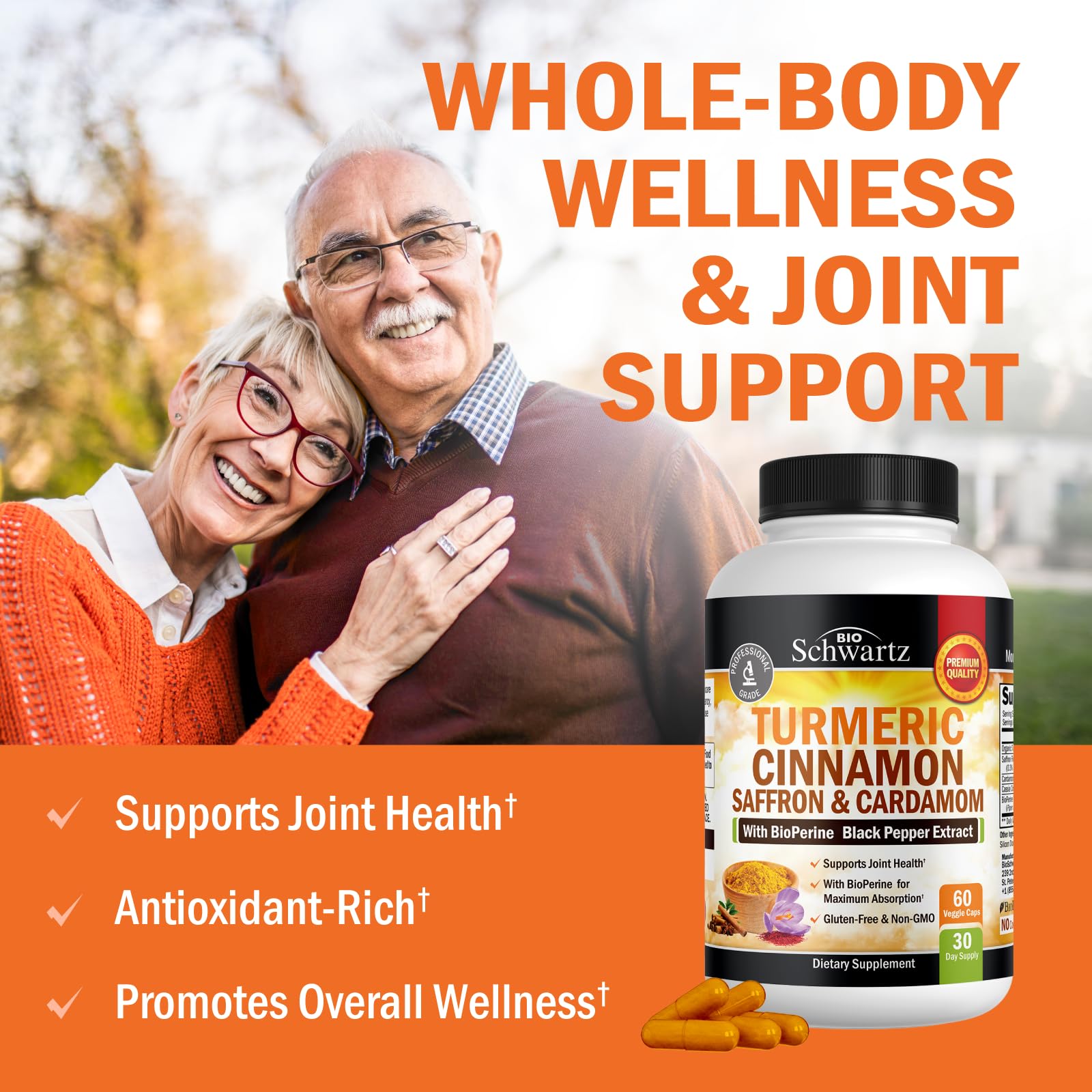 Turmeric Supplement with Saffron, Cinnamon and Cardamom Plus BioPerine Black Pepper Extract for Optimal Absorption, Natural Tumeric Curcumin Joint Support Supplement for Women and Men, 60 Capsules