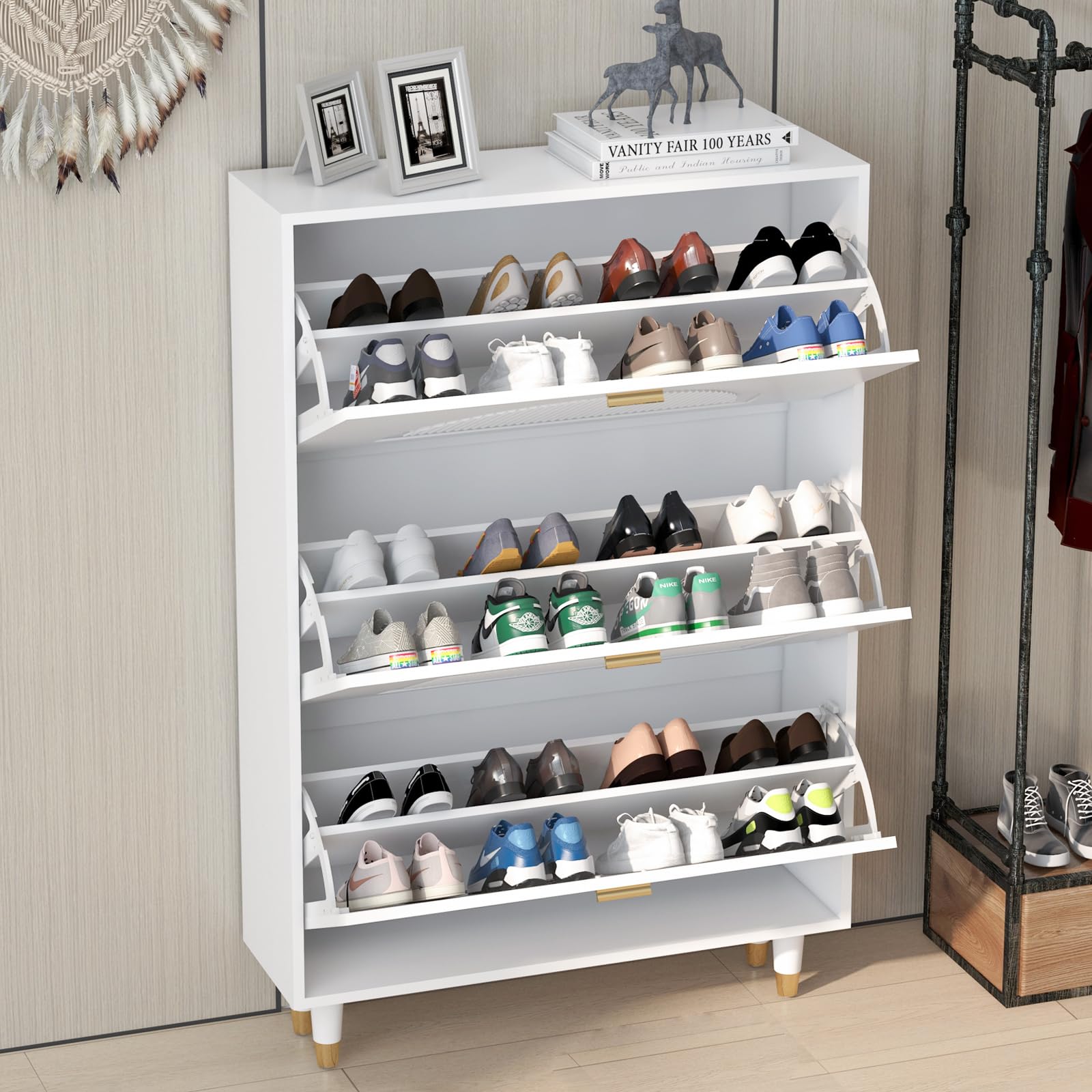 vinform Entryway Shoe Cabinet, Shoe Storage Cabinet with 3 Flip Drawers, Slim Shoe Cabinet for Hallway, Narrow Shoe Storage Cabinet, White Shoe Rack Storage Cabinet(W31.5 x D9.45 x H47.24)