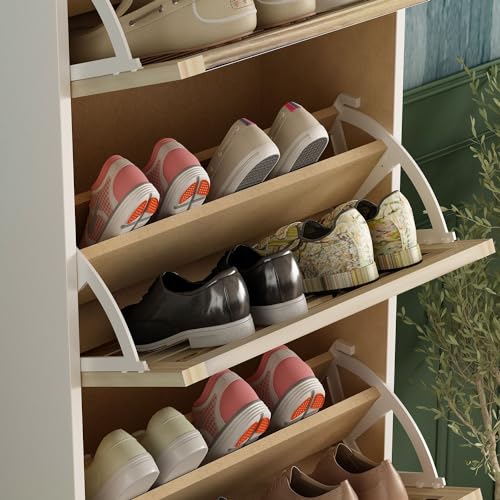 FAMAPY Tall Shoe Storage Cabinet with 4 Flip Drawers, Narrow Shoe Cabinet for Entryway, Shoe Storage for Hallway Light Brown and White (21.7”W x 9.8”D x 61”H)