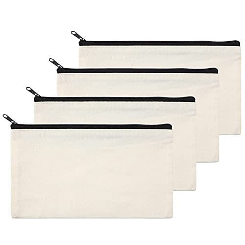 SEPGLITTER 4PCS Blank DIY Craft Bag Canvas Pouch Zipper Pen Pencil Case Cotton Invoice Pouch Bulk Cosmetic Bags for Makeup Travel Toiletry Storage 8.3 × 4.7 Inch(White)