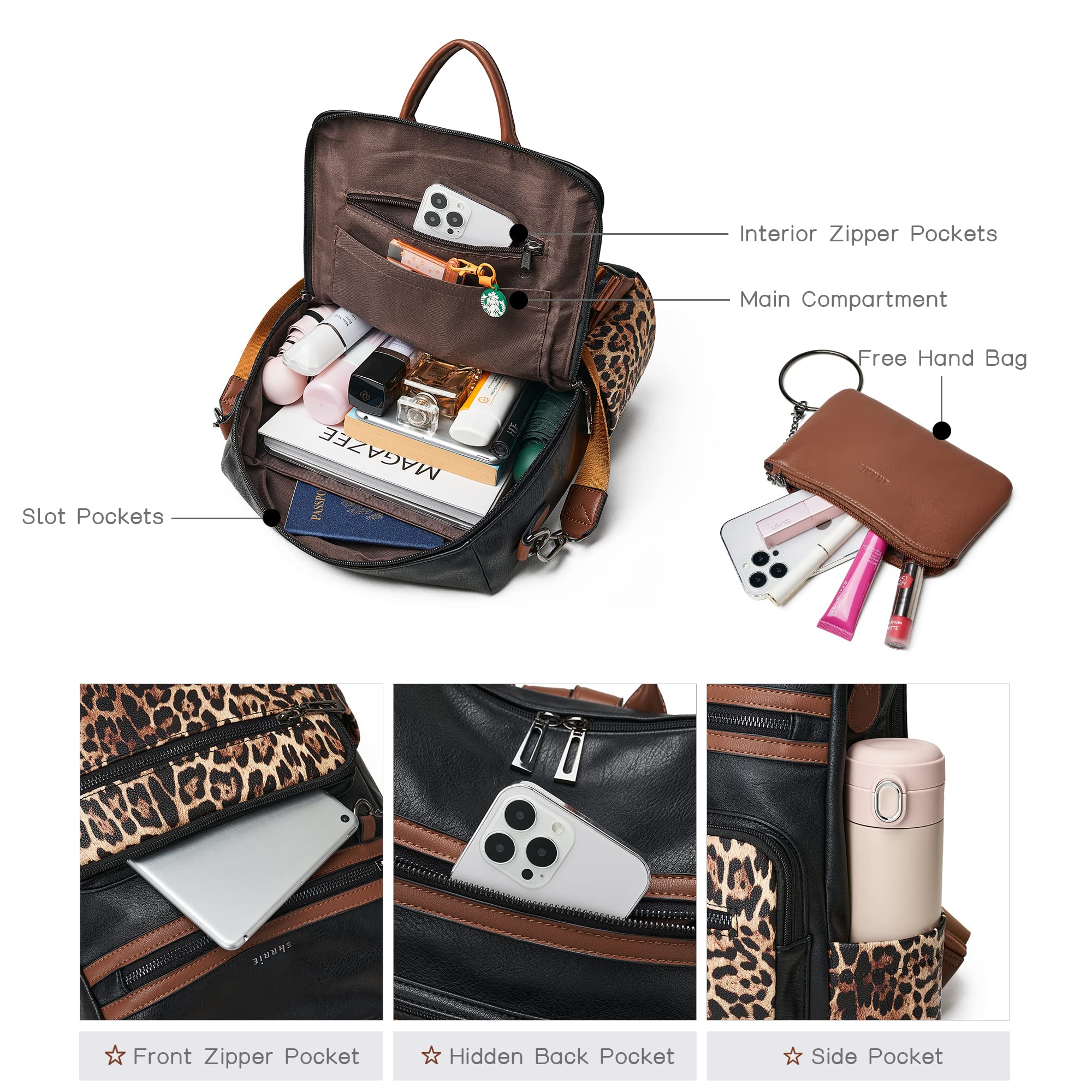 Shrrie Backpack Purse for Women Leather Backpack Fashion Designer Travel Backpack Convertible Shoulder Bag