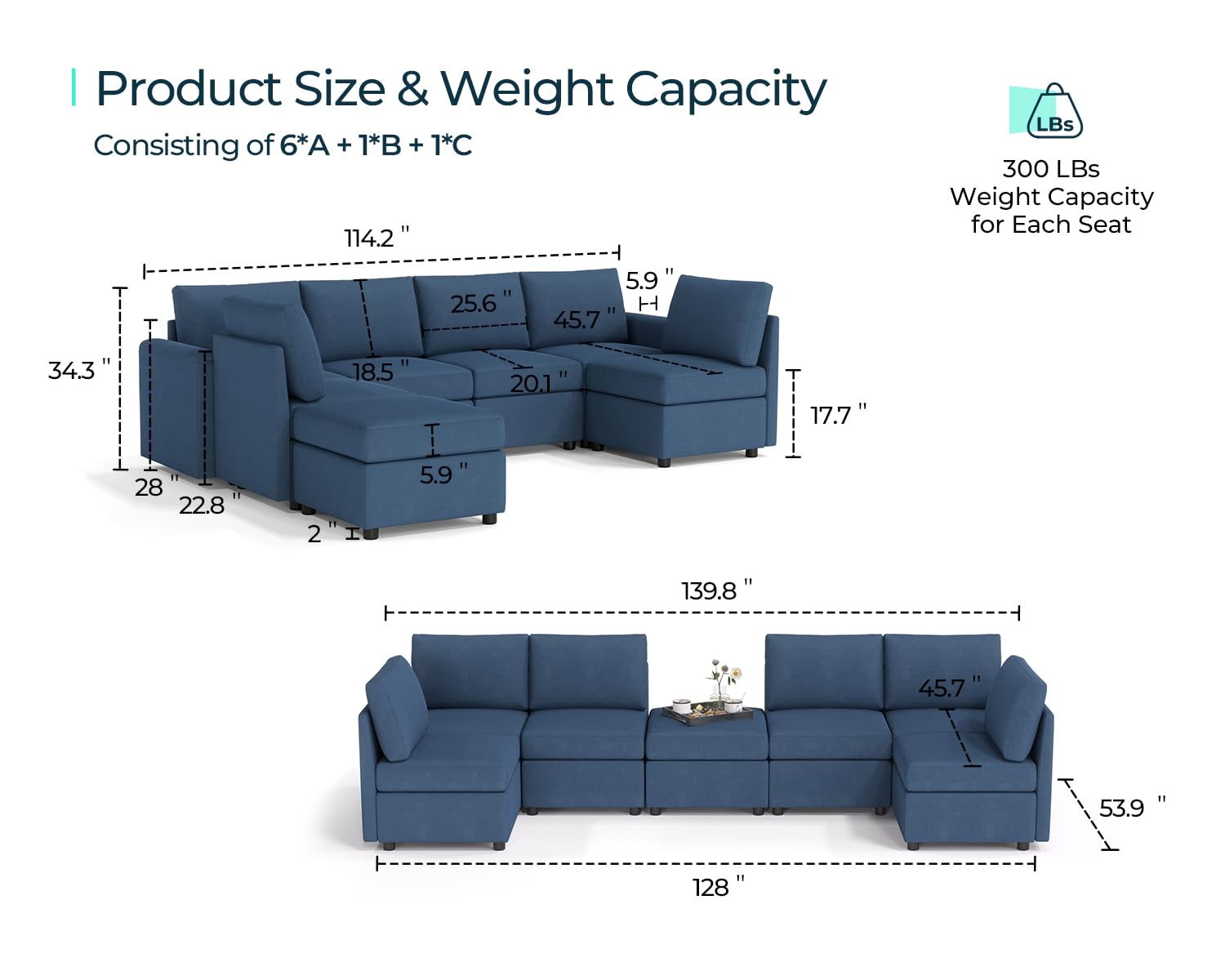 LINSY HOME Modular Sectional Sofa, U Shape Oversized Sofa Couch with Storage, Memory Foam, Modular Sectionals with Ottomans, 7 Seat Living Room Furniture Sofa Sets with Chaise, Blue