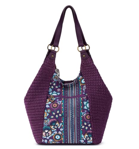 Sakroots Roma Shopper in Crochet & Coated Canvas, Dual Shoulder Straps, Violet Tapestry World