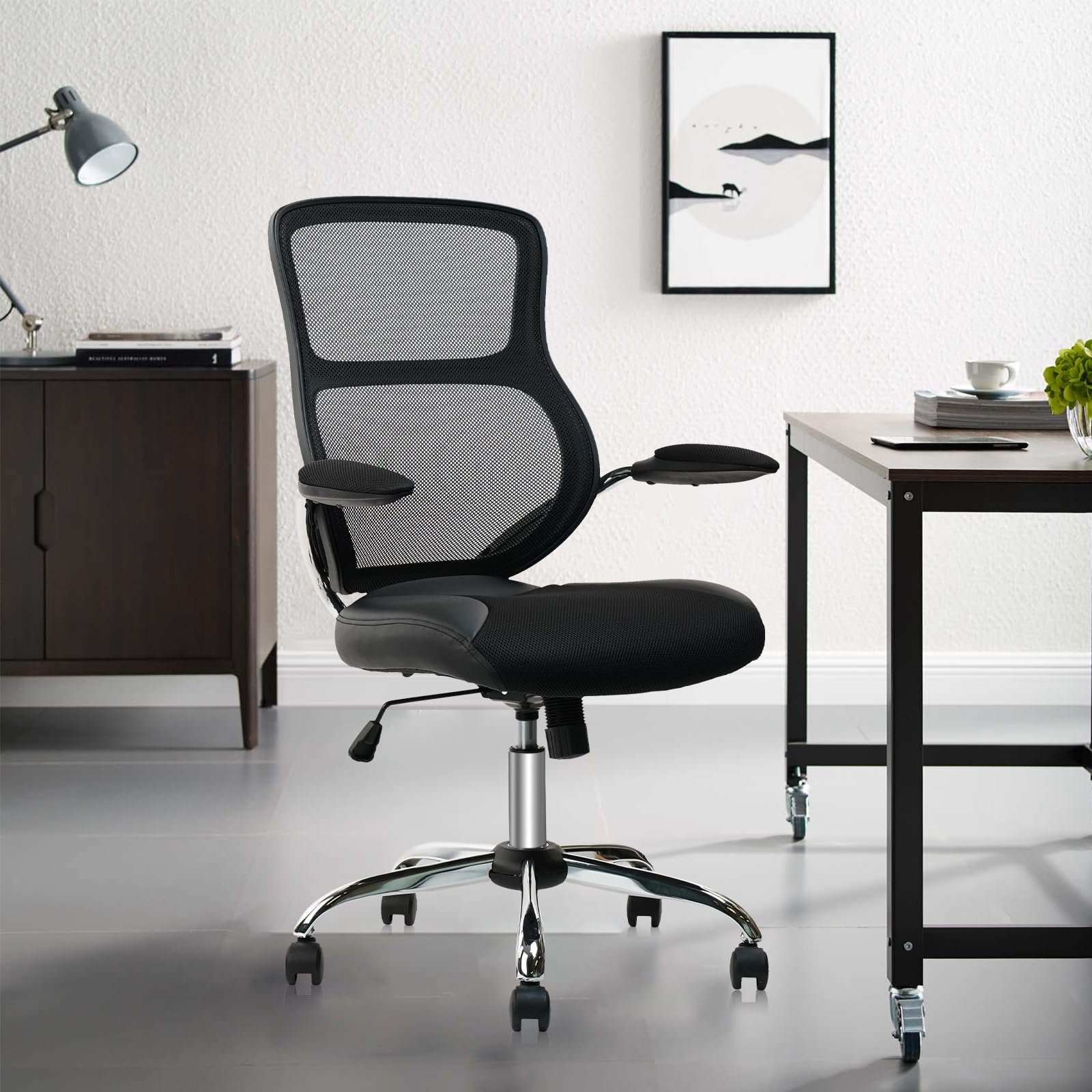 CLATINA Office Mesh Chair Ergonomic Rolling Computer Desk Chair with Flip-up Padded Armrest and Adjustable Height for Home or Office Conference Room (Black)