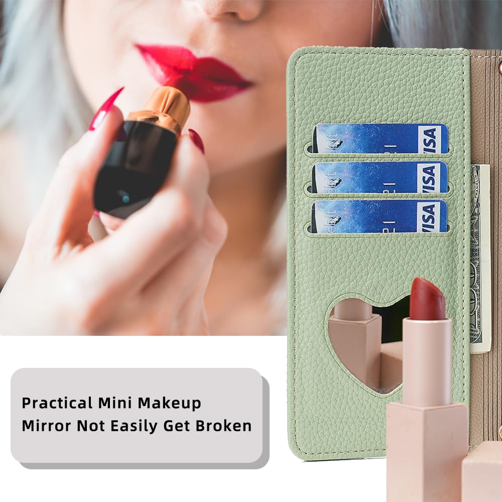 Arseaiy Wallet Case for VIVO V20 SE/Y70 2020 Flip Phone Case Cover with Crossbody Strap Magnetic Zipper Pocket Makeup Mirror PU Leather Shockproof with Kickstand Shell Green