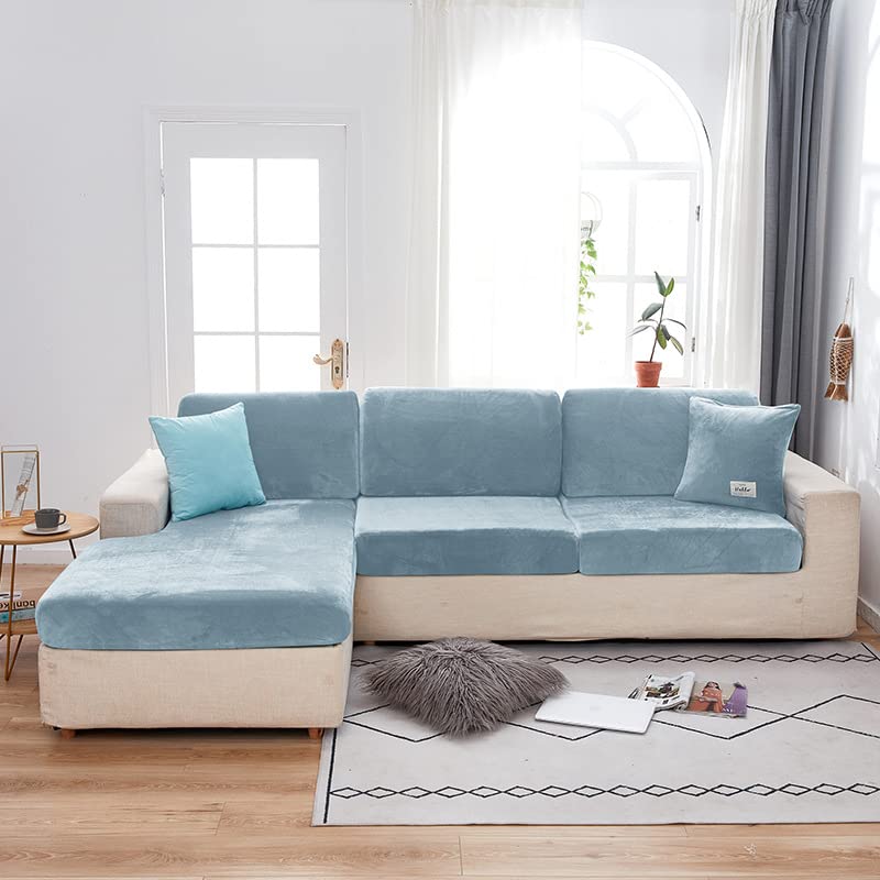 Velvet Couch Cushion Covers for L/U Shape Sofa, Stretch 3 2 1 4 Seat Cover Loveseat Chaise Lounge Sofa Slipcovers Sectional Non-Slip Furniture Protector (Light Blue 3 Seat)