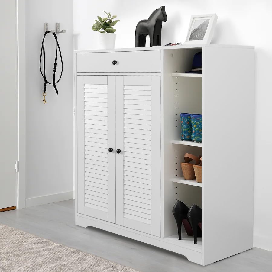 ZLECTIO Shoe Rack for Entryway, Freestanding Shoe Storage with 2 Shutter Door and Top Drawer, White Shoe Cabinet for Hallway Bedroom Living Room Apartment