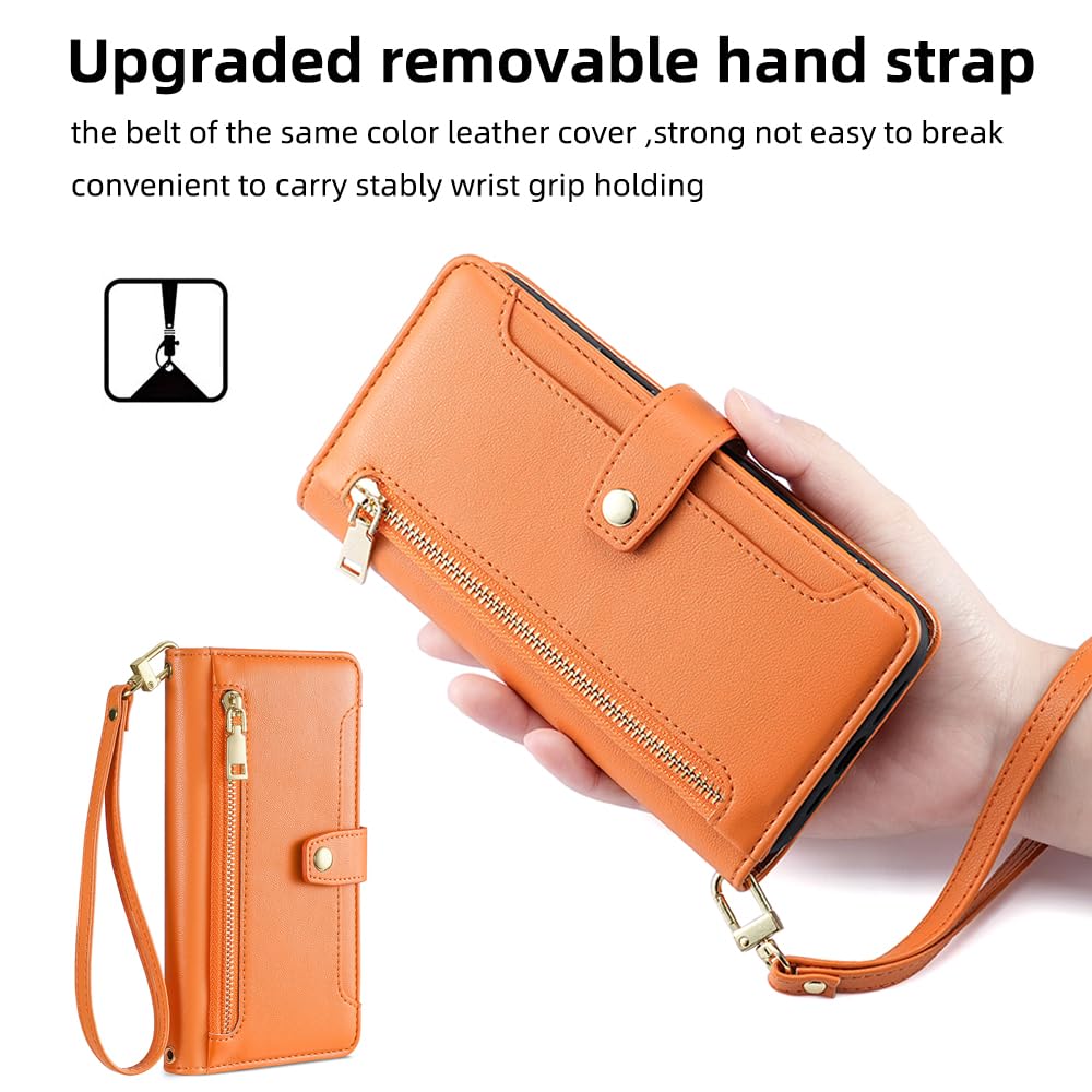 Arseaiy Wallet Case for Honor V20/view 20 Flip Phone Case with Crossbody Strap Magnetic Handbag Zipper Pocket PU Leather Shockproof with Kickstand Phone Shell Orange