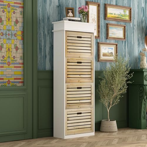 FAMAPY Tall Shoe Storage Cabinet with 4 Flip Drawers, Narrow Shoe Cabinet for Entryway, Shoe Storage for Hallway Light Brown and White (21.7”W x 9.8”D x 61”H)