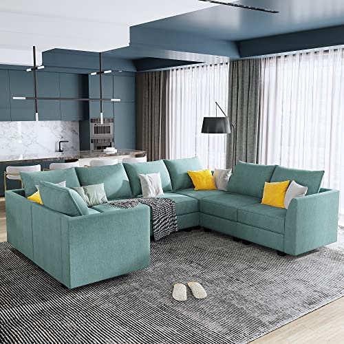HONBAY Reversible Modular Couch Modern Polyester Sectional Sofa with Chaise & Storage Seat 112'' U-Shaped Couch for Living Room, Aqua Blue