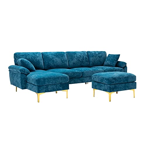 Olela Sectional Couch Velvet Upholstered U Shaped Modular Sectional Sofa with Golden Metal Legs for Living Room (Teal Blue)