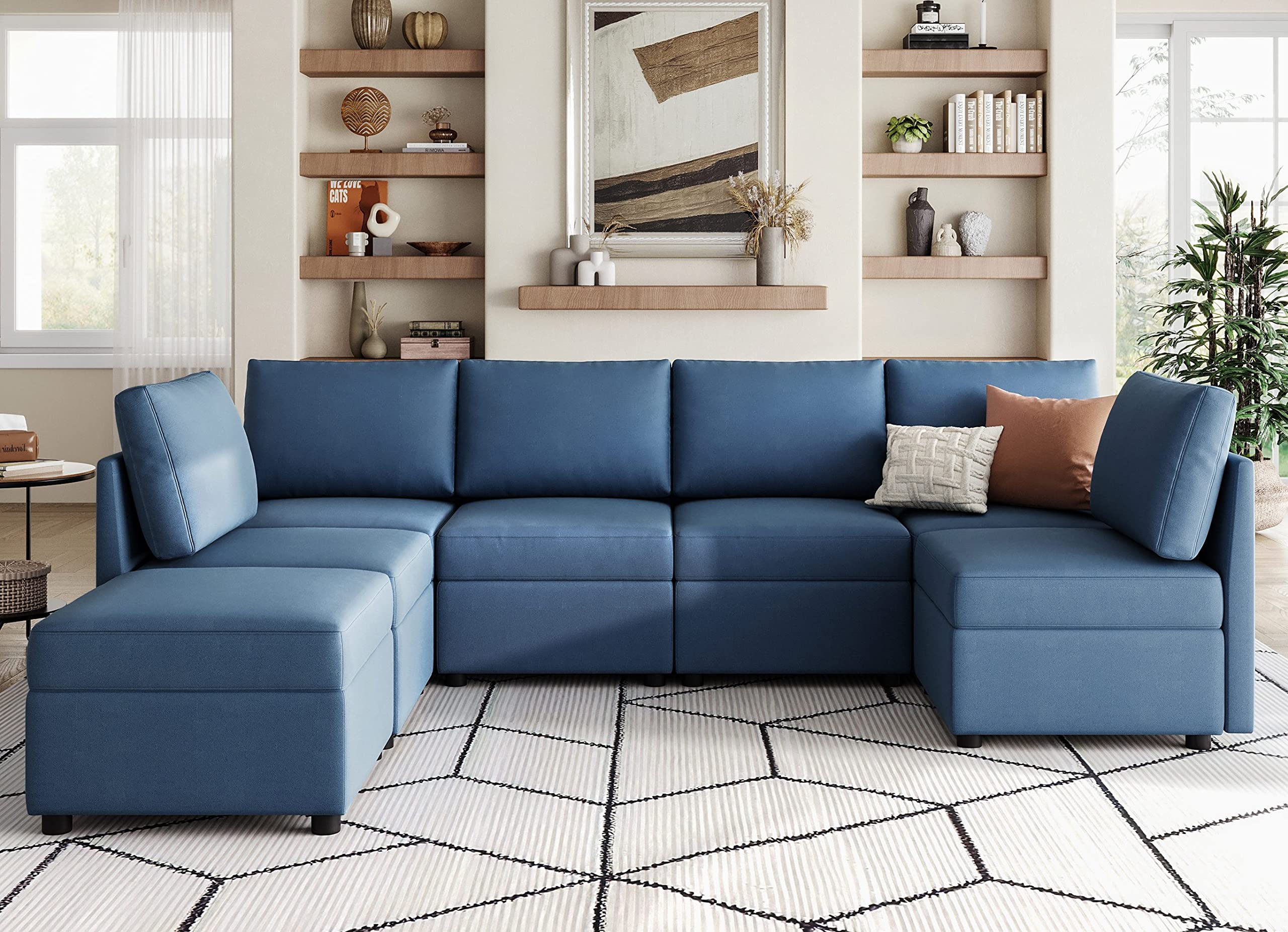 LINSY HOME Modular Sectional Sofa, U Shape Oversized Sofa Couch with Storage, Memory Foam, Modular Sectionals with Ottomans, 7 Seat Living Room Furniture Sofa Sets with Chaise, Blue