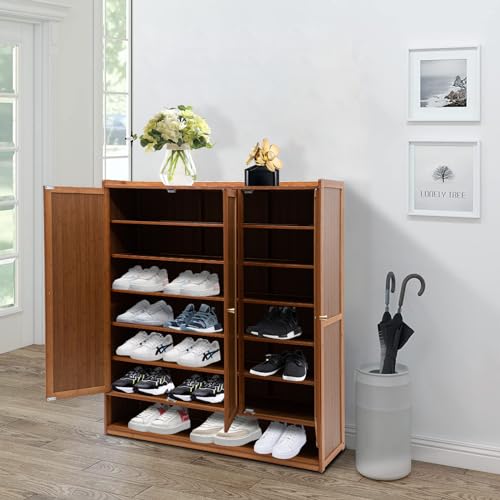 Shikiy 3 Doors Shoe Storage Bench, 8 Tiers Entryway Shoe Cabinet Organizer, Removable Shoe Floor Storage Shoe Rack for Entryway Hallway