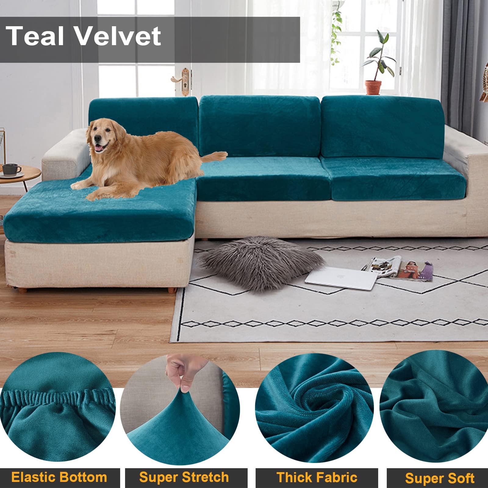 Rosnek Couch Cushion Covers Stretch for Individual Sofa Cushion,Soft Velvet U Shaped Sectional Couch Covers Sofa Slipcover for Seat Cushion Replacement,Small