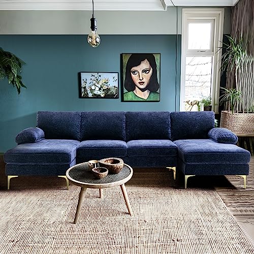 U-Shaped Sectional Sofa Comfy Couch for Living Room Set, 110 inches Wide Modern Large 4-Seat Couch Convertible Soft Velvet Couch Set with Double Chaise Lounge (Navy Blue, Chenille Fabric)