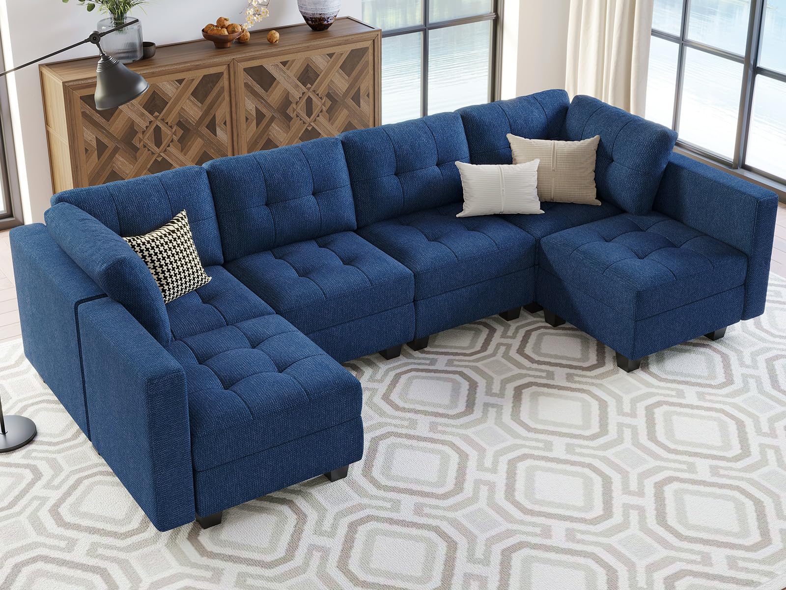 Belffin Modular U Shaped Sectional Sofa Couch with Reversible Chaises 6-seat Sectional Couch with Storage Seat Modular Sectional Set with Ottomans Blue