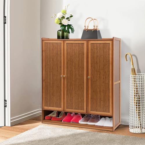 Shikiy 3 Doors Shoe Storage Bench, 8 Tiers Entryway Shoe Cabinet Organizer, Removable Shoe Floor Storage Shoe Rack for Entryway Hallway