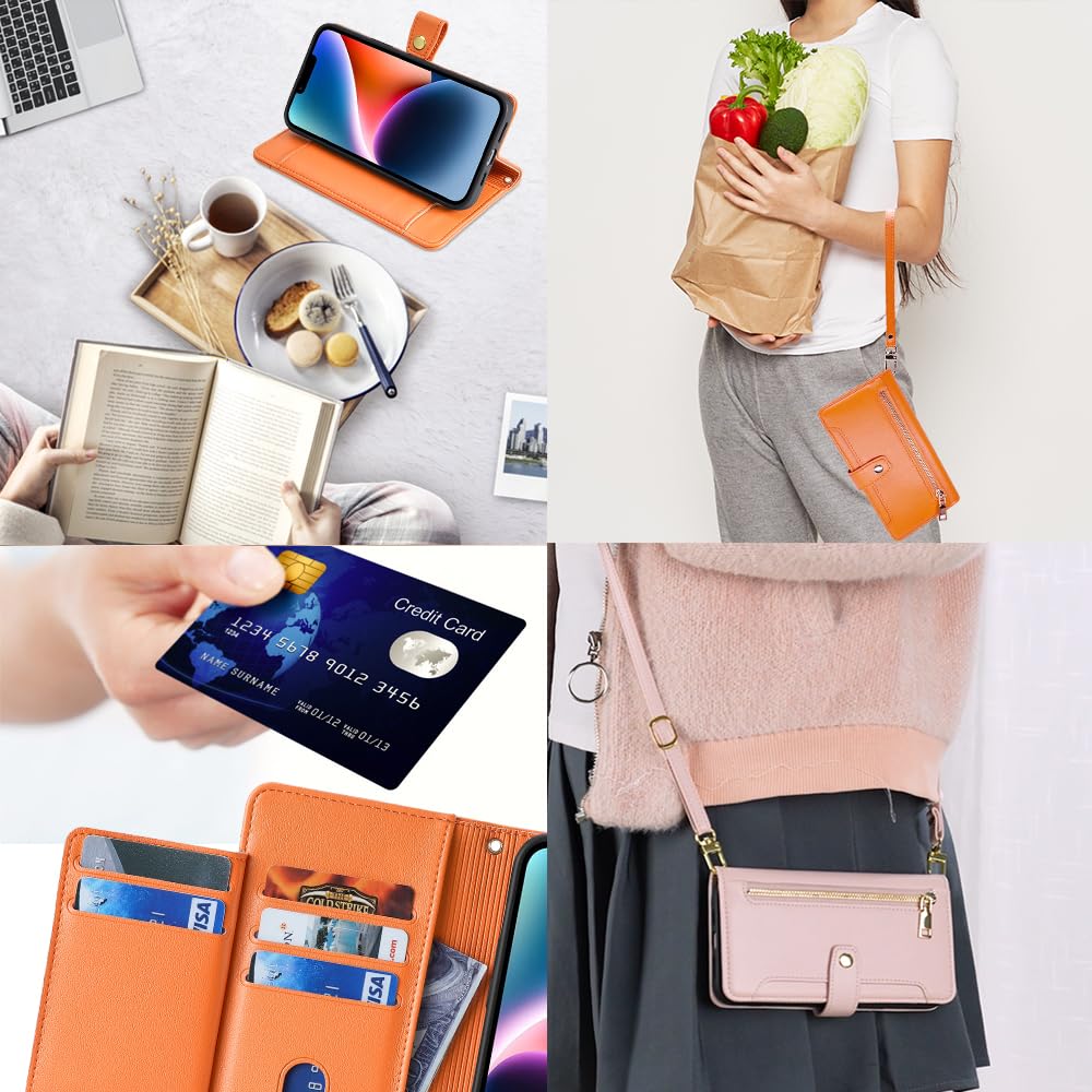 Arseaiy Wallet Case for Honor V20/view 20 Flip Phone Case with Crossbody Strap Magnetic Handbag Zipper Pocket PU Leather Shockproof with Kickstand Phone Shell Orange