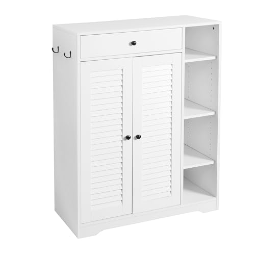 ZLECTIO Shoe Rack for Entryway, Freestanding Shoe Storage with 2 Shutter Door and Top Drawer, White Shoe Cabinet for Hallway Bedroom Living Room Apartment
