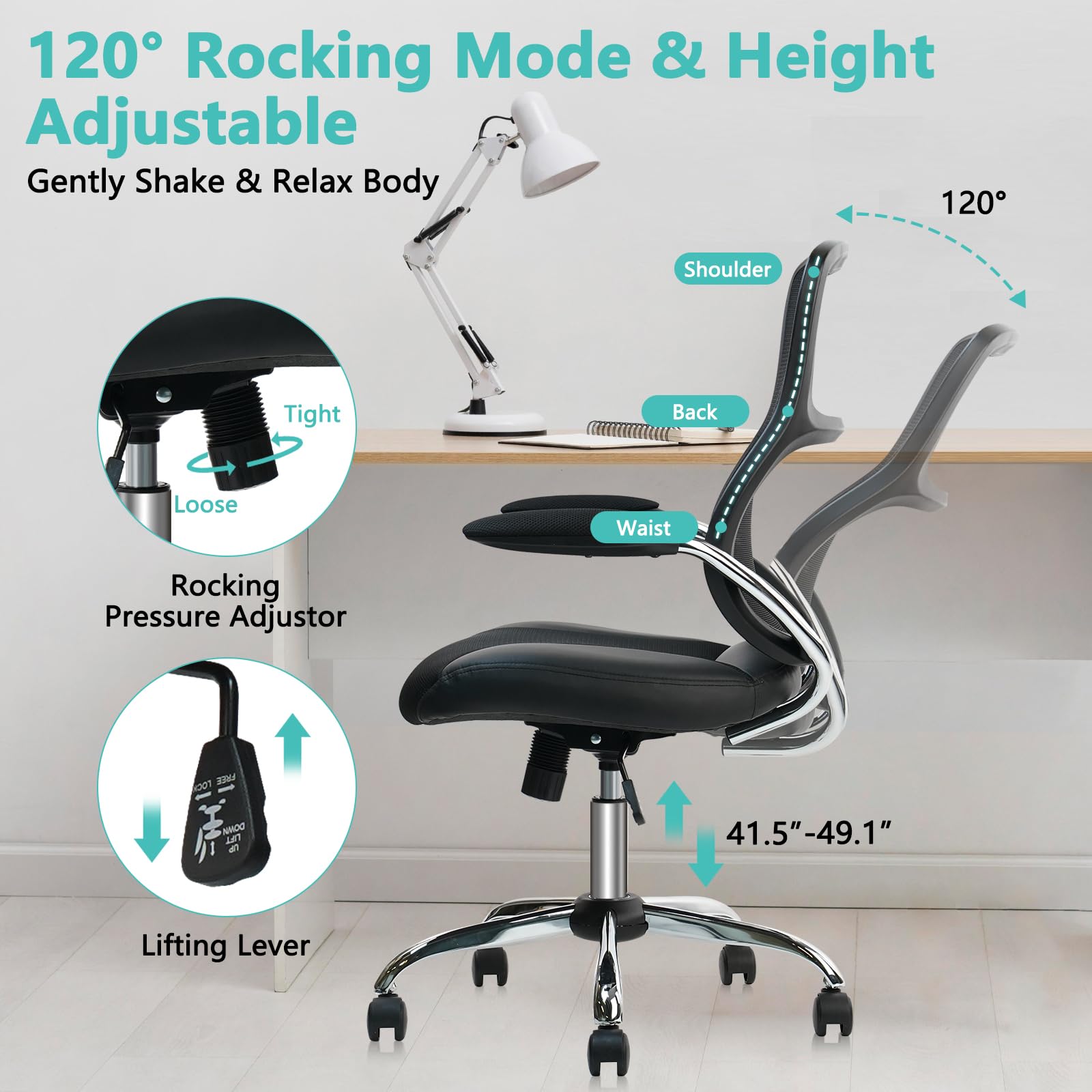 CLATINA Office Mesh Chair Ergonomic Rolling Computer Desk Chair with Flip-up Padded Armrest and Adjustable Height for Home or Office Conference Room (Black)